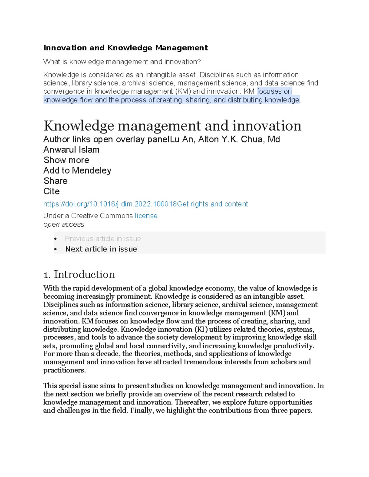 Innovation and Knowledge Management - Disciplines such as information ...
