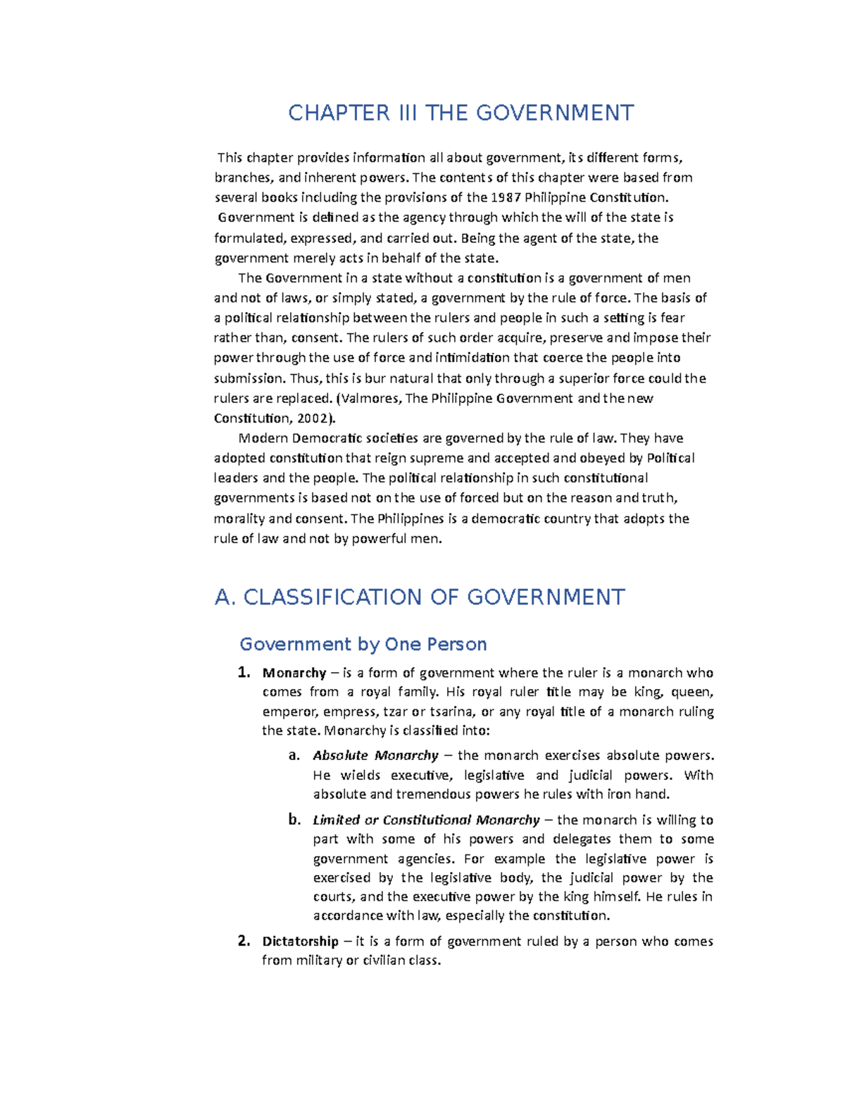 Civil service review. Module 3 - CHAPTER III THE GOVERNMENT This ...
