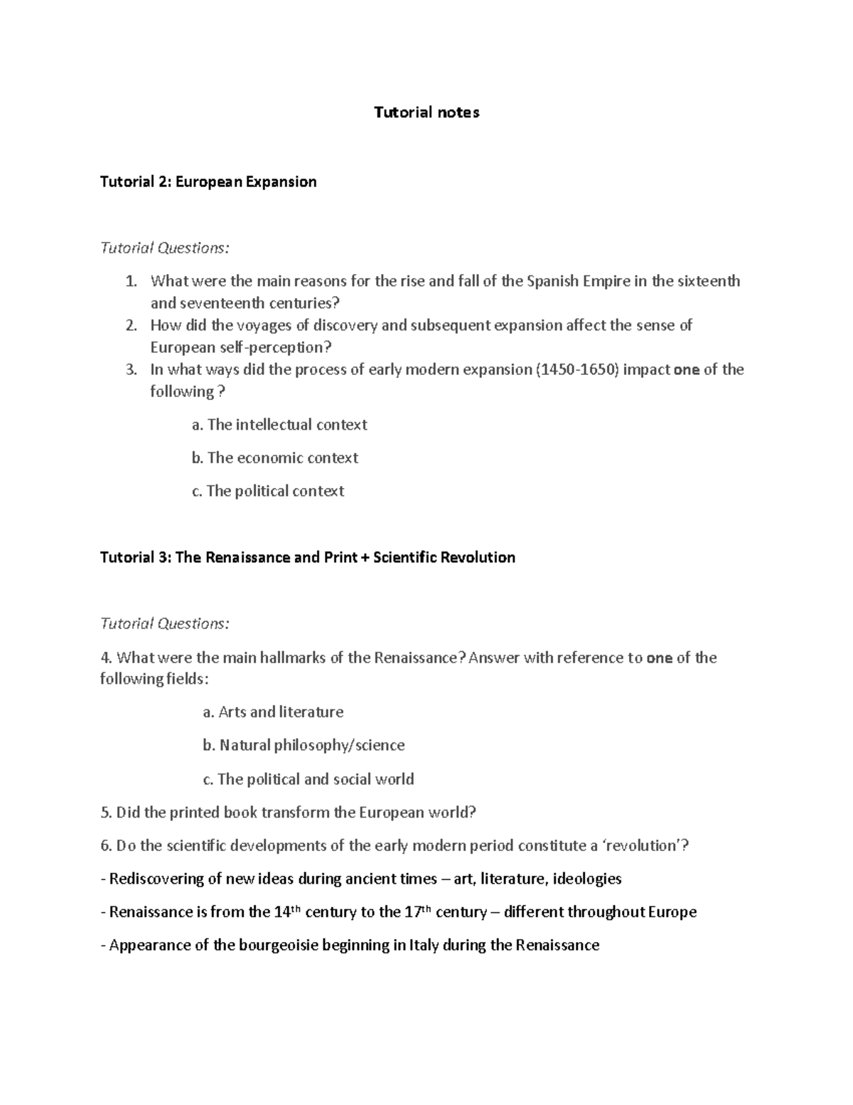 Tutorial Notes - HIS2057 - Tutorial notes Tutorial 2: European ...