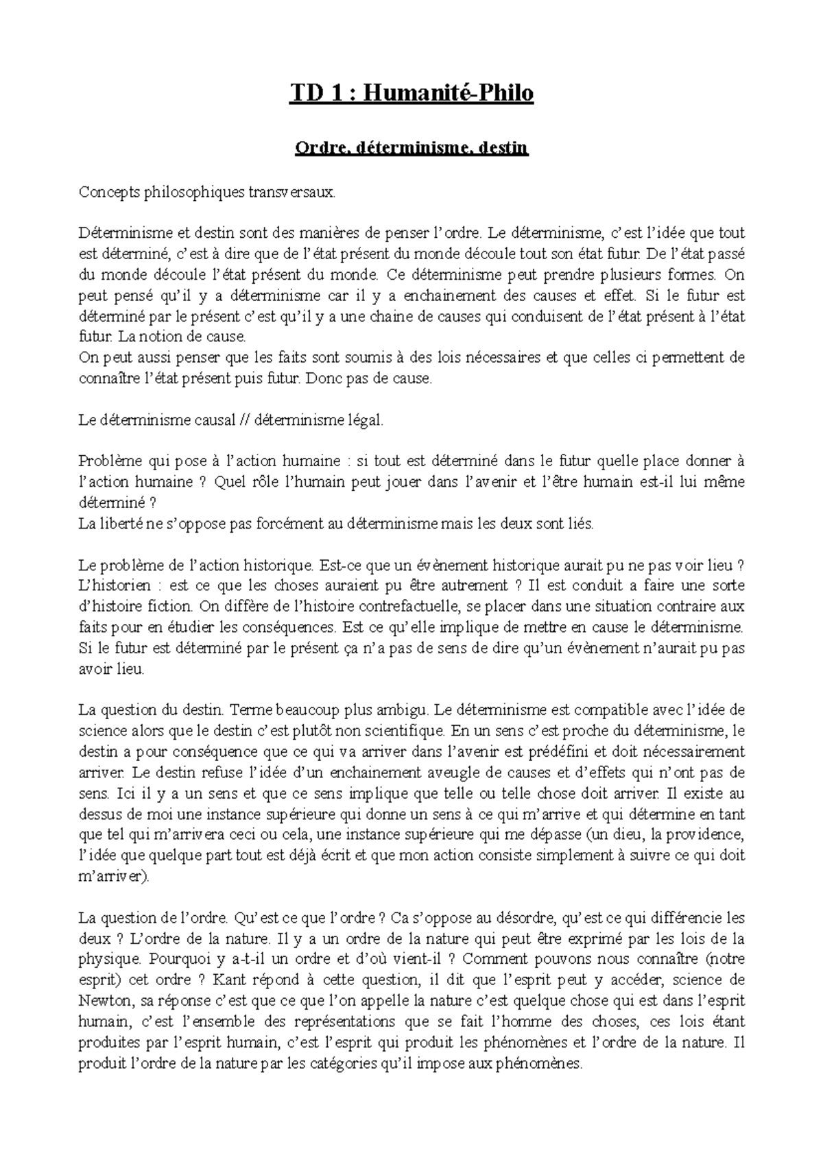 TD 1 Philo - Ordre, determinisme et destin - TD 1 : Humanité-Philo ...