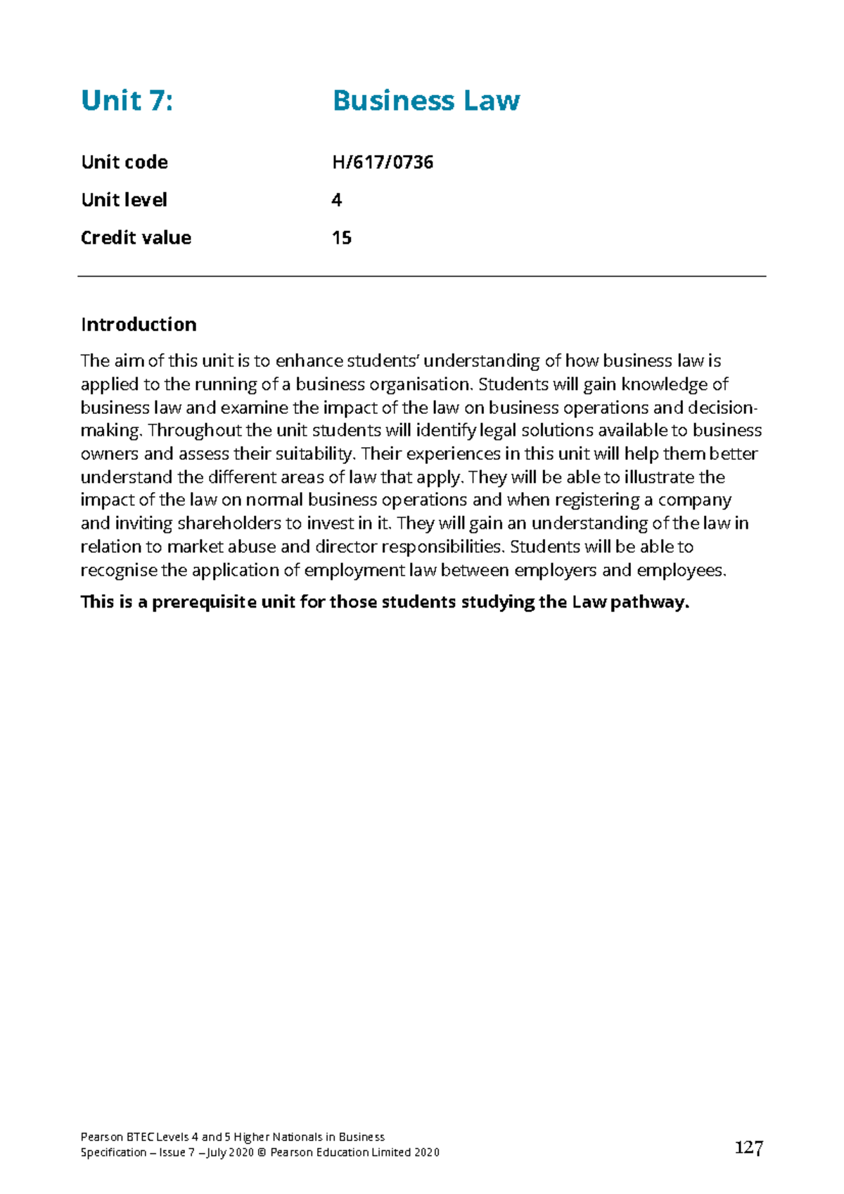 Unit 7 Business Law - Specification - Pearson BTEC Levels 4 and 5 ...
