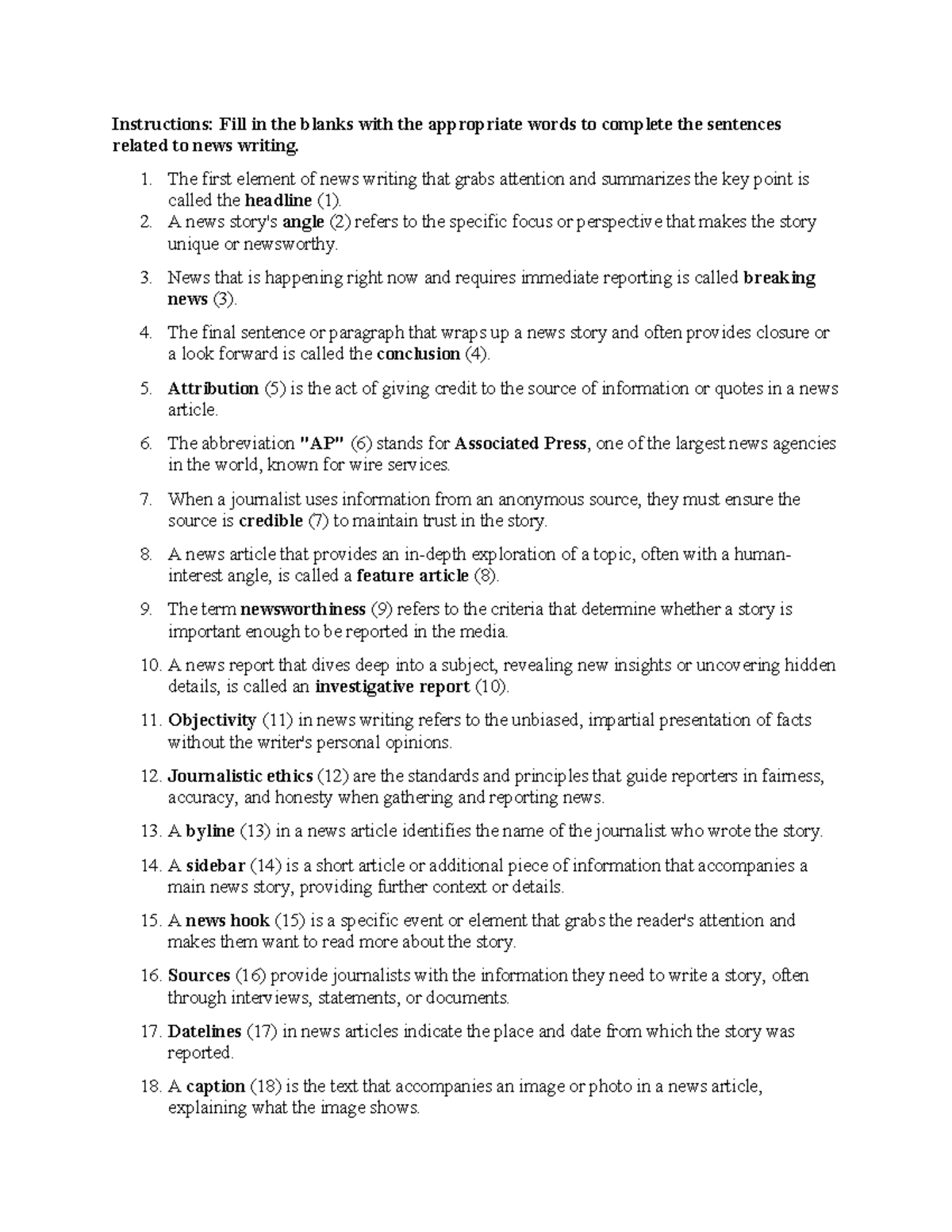 News Writing Practice 3 - Instructions: Fill in the blanks with the appropriate words to ...