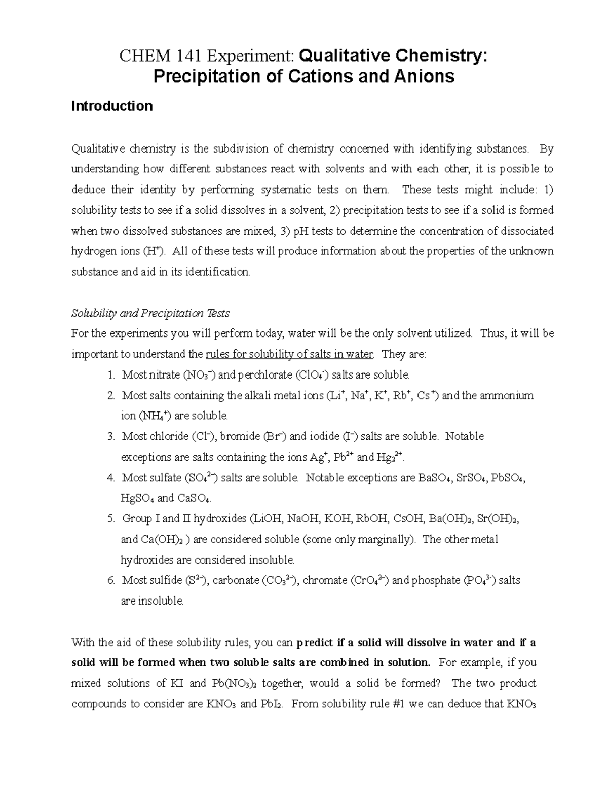 1-Precipitation rxns sch - CHEM 141 Experiment: Qualitative Chemistry ...