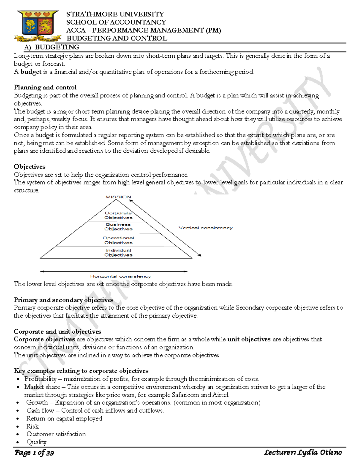 PM Handout-3 Budgeting AND Control - STRATHMORE UNIVERSITY SCHOOL OF ...