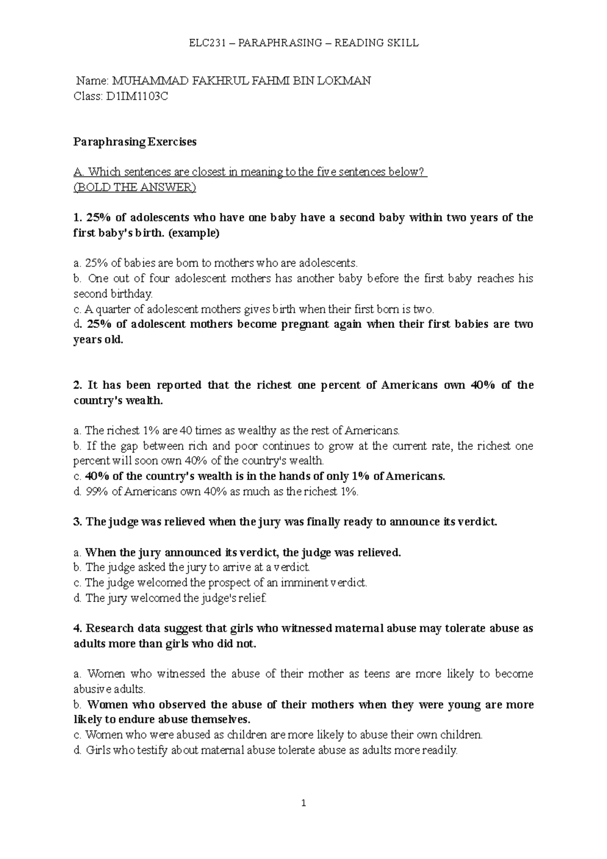 Answer.- Paraphrasing Exercises - ELC231 – PARAPHRASING – READING SKILL ...