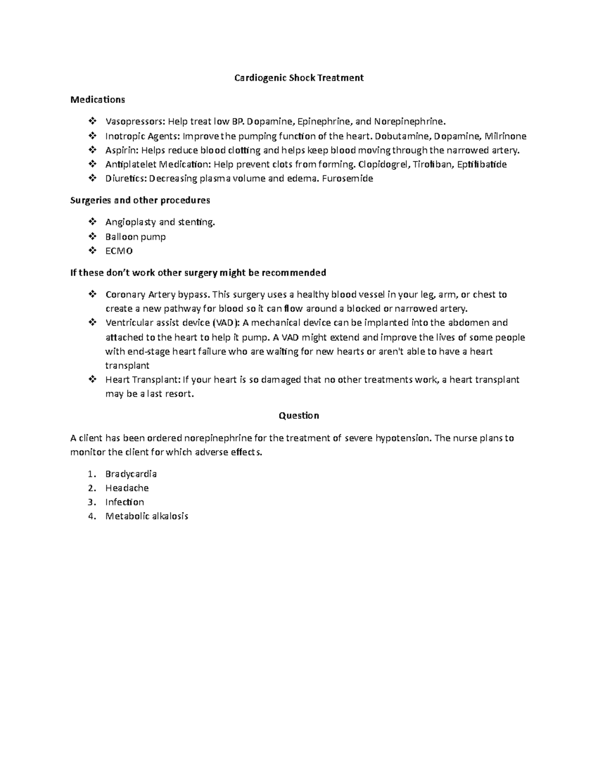 Jas questions 1 - Cardiac lecture notes - Cardiogenic Shock Treatment ...