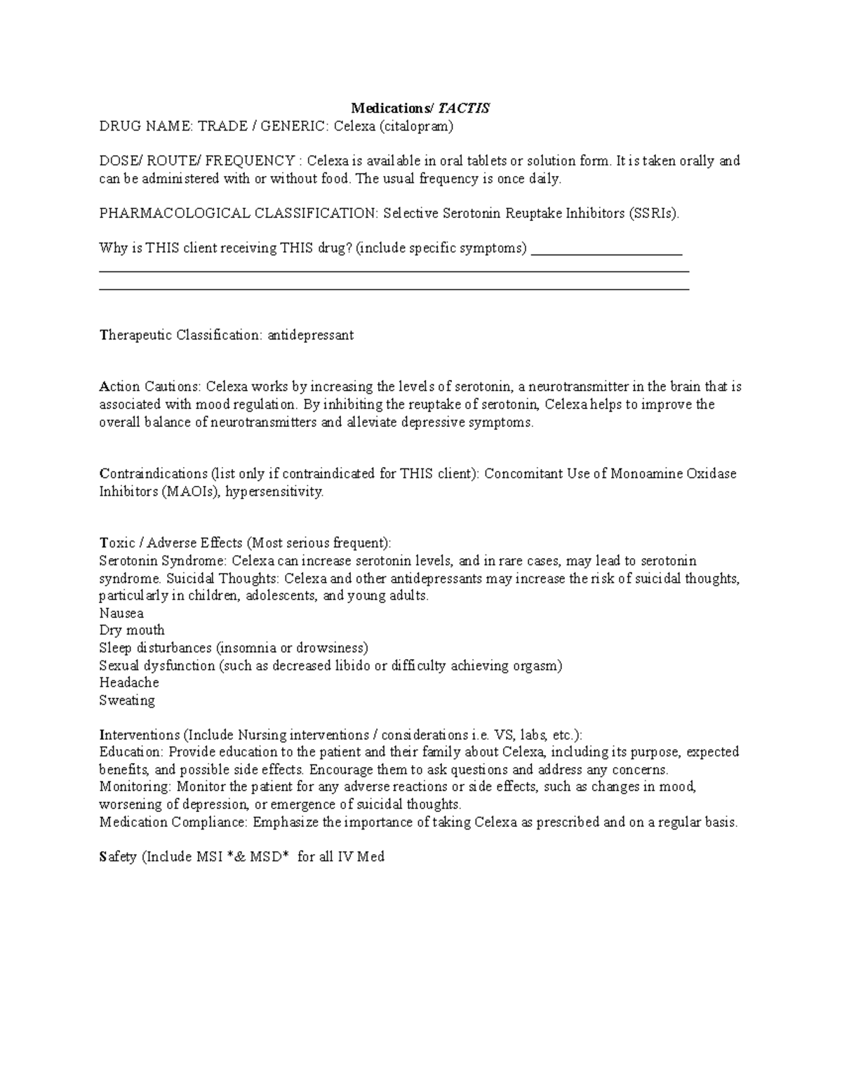 Tactis Celexa - Medications/ TACTIS DRUG NAME: TRADE / GENERIC: Celexa ...