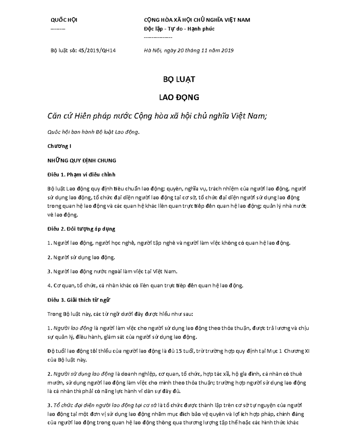 Bộ luật lao động 2019 - tự tìm hiểu nhe - QUỐỐC H IỘ - C NG HÒA XÃ H I CH NGHĨA VI T NAMỘ Ộ Ủ Ệ ...