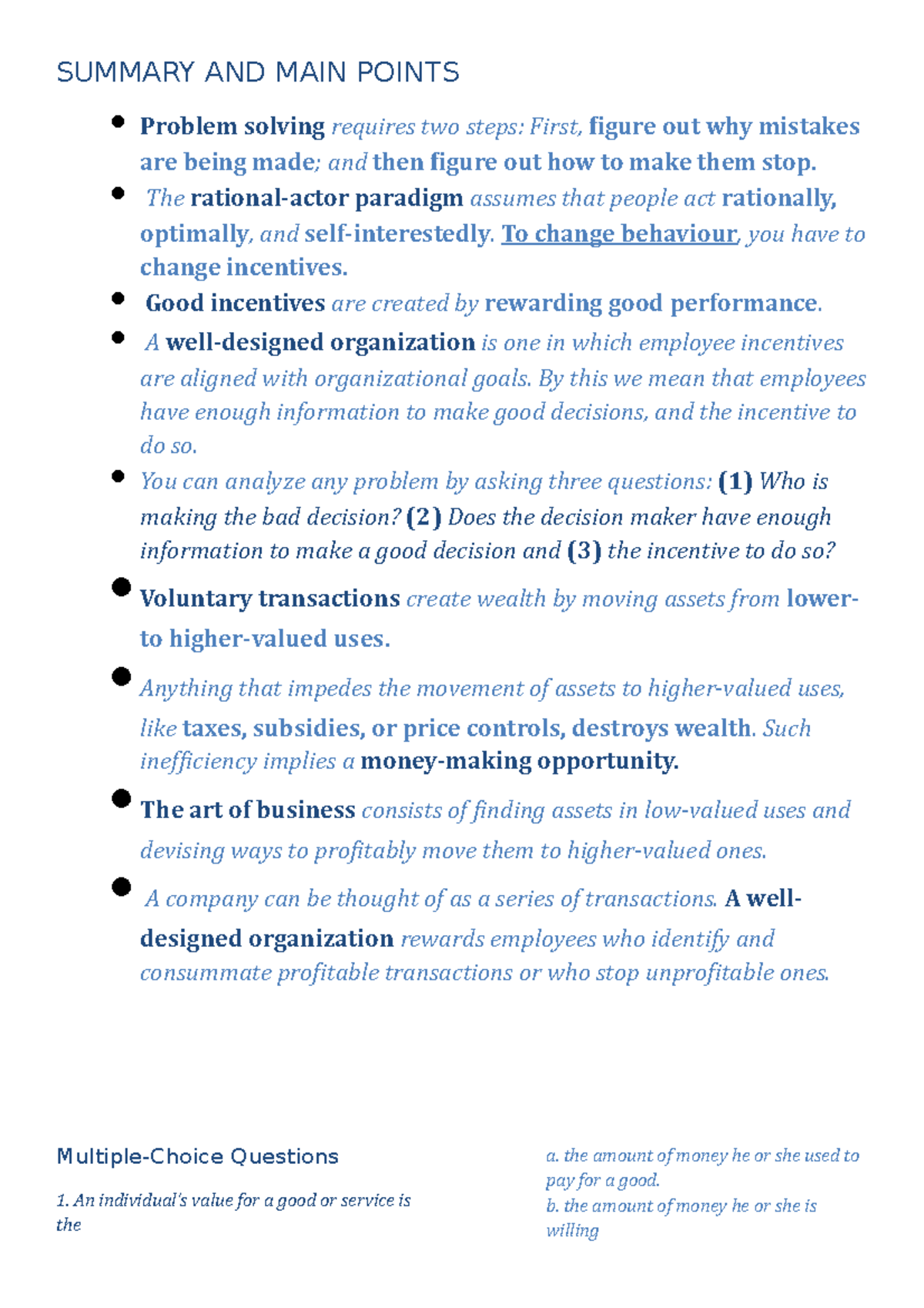 Summary AND MAIN Points ( Managerial ECON) - SUMMARY AND MAIN POINTS ...
