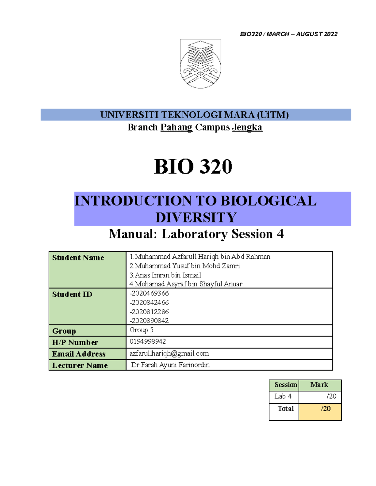 Lab Report Bio320 Plantae Bio320 March August 2022 Universiti Teknologi Mara Uitm Branch 