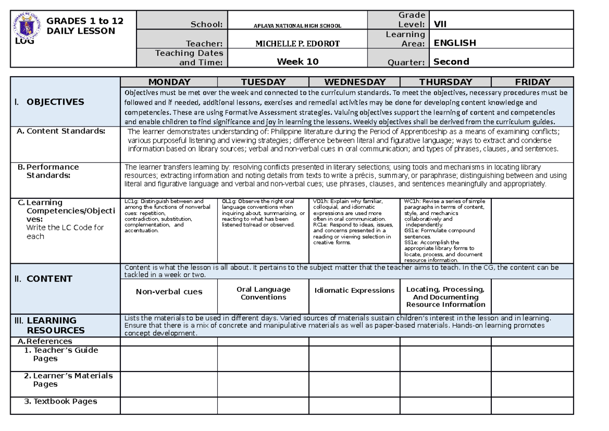 DLL-2nd Quarter wk10 - daily log - GRADES 1 to 12 DAILY LESSON LOG School: APLAYA NATIONAL HIGH ...