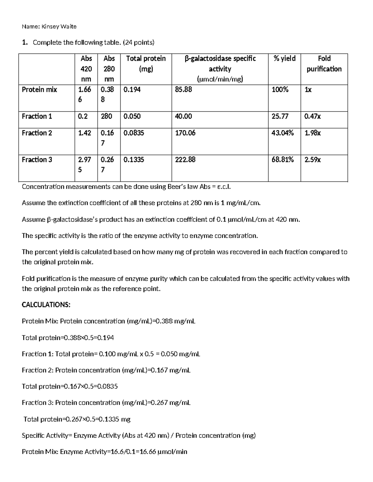 Protein purification and native gel report - Name: Kinsey Waite ...