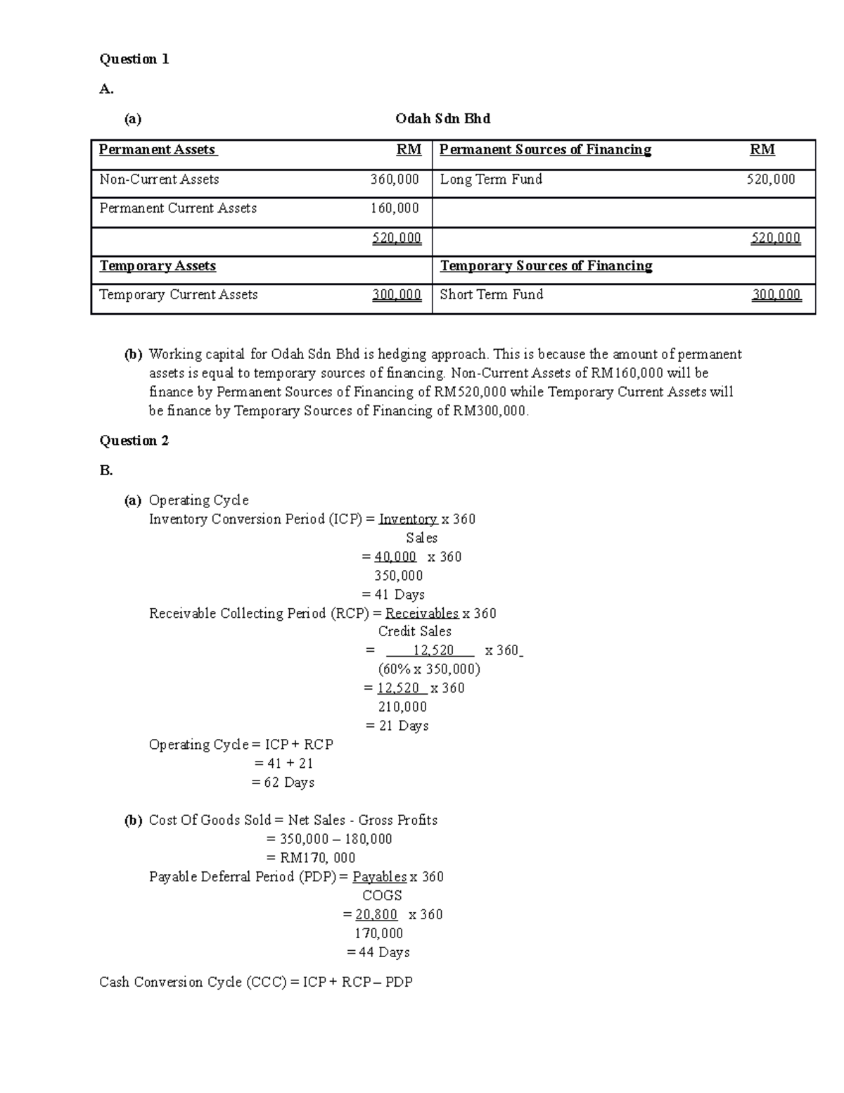 Assignment MAF253 - Question 1 A. (a) Odah Sdn Bhd Permanent Assets RM ...