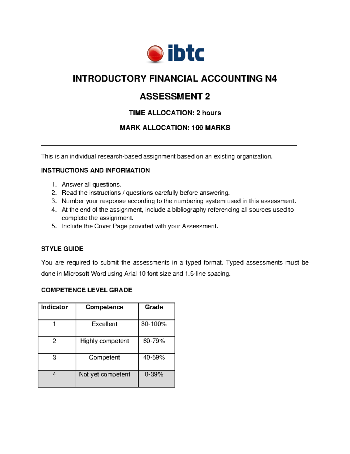 4. Intro FA4 A2 - Nated N4 - INTRODUCTORY FINANCIAL ACCOUNTING N ASSESSMENT 2 TIME ALLOCATION: 2 ...
