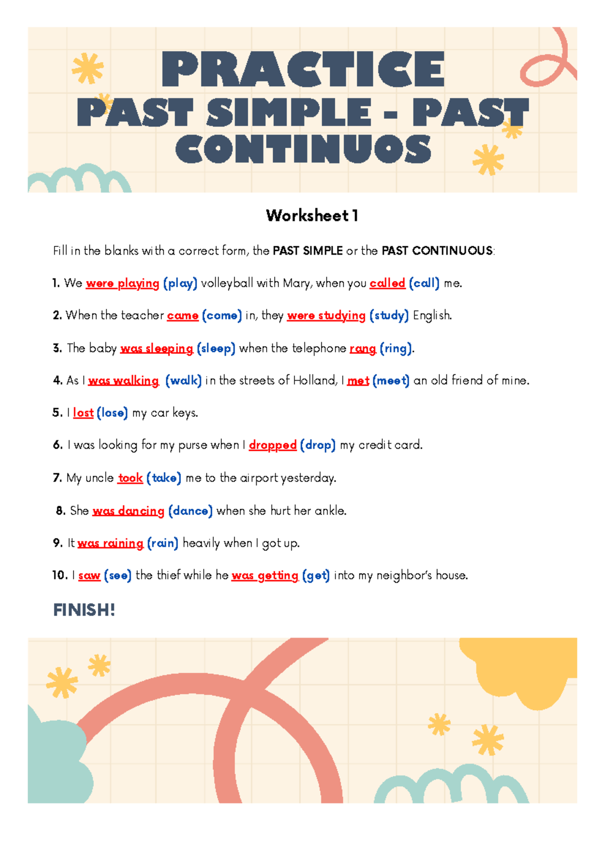 Worksheet PAST Simple - PAST Continuos - Worksheet 1 Fill in the blanks ...