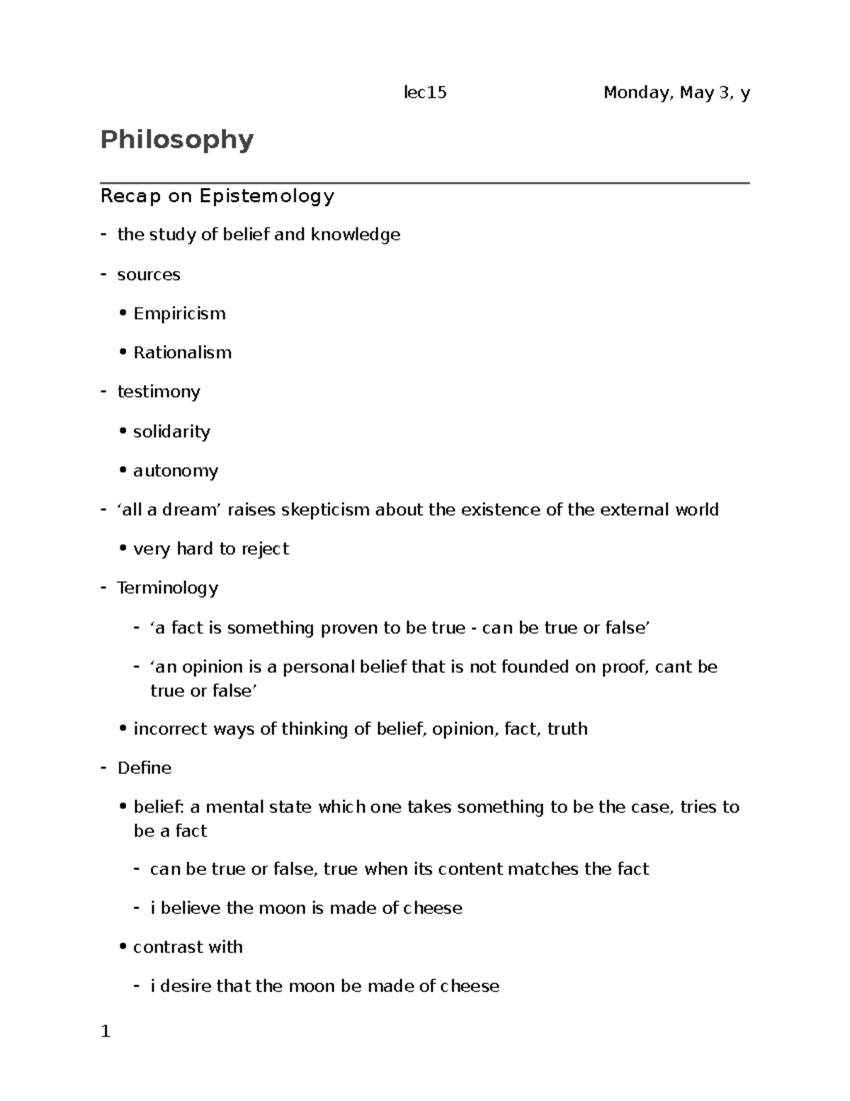 Lec15 - Lecture notes 15 - Philosophy Recap on Epistemology - the study ...