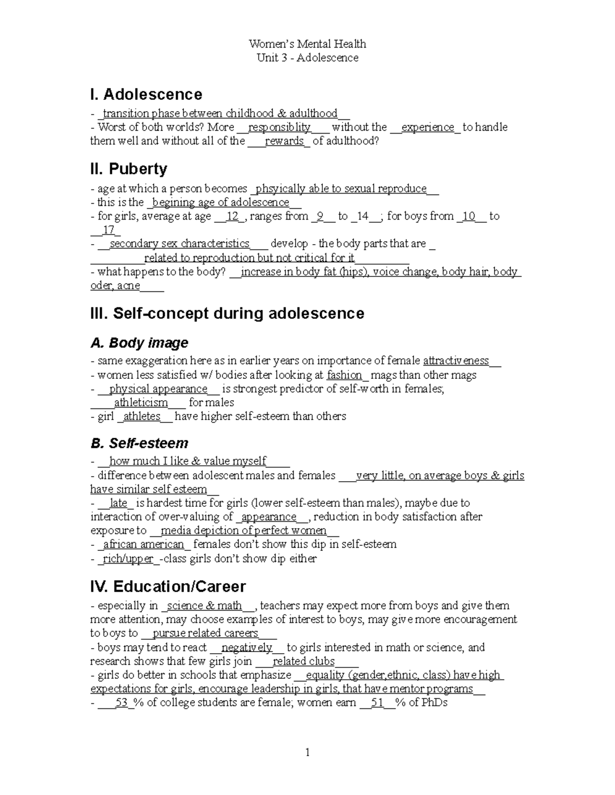 Unit 3 notes - Women’s Mental Health Unit 3 - Adolescence I ...