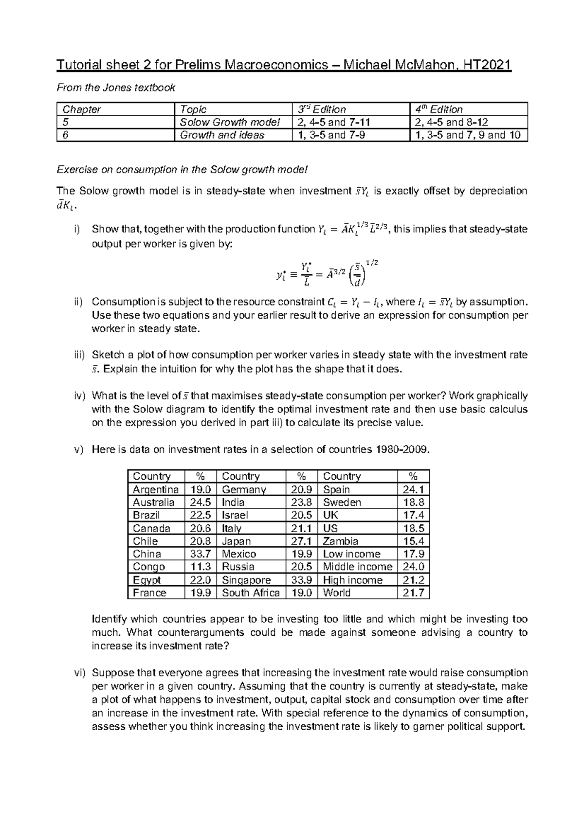 Prelims Macro Tutorial Sheet 2 Tutorial Sheet 2 For Prelims Macroeconomics Michael Mcmahon