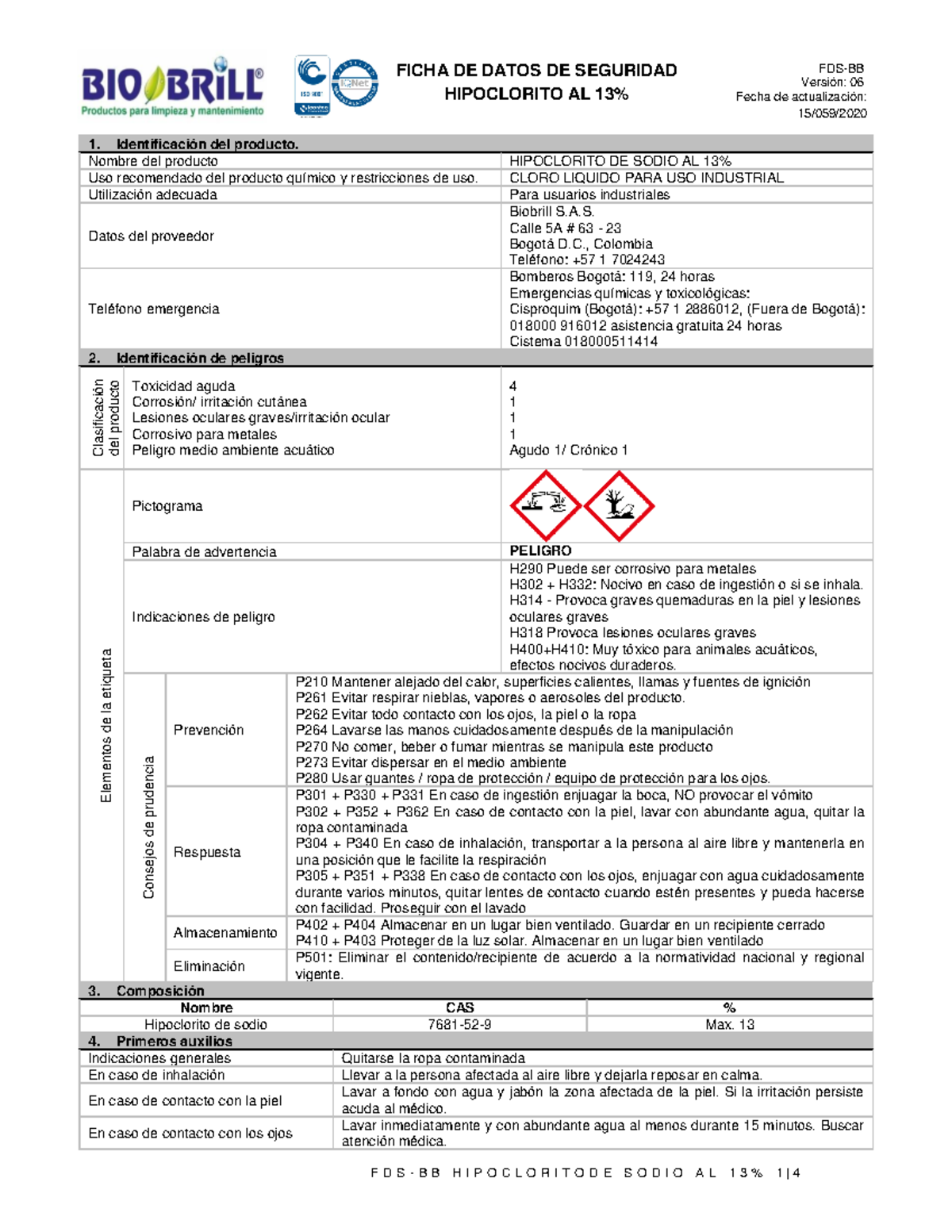 FDS- Hipoclorito 13% Biobril ( Brillo Institucional) - Identificación ...