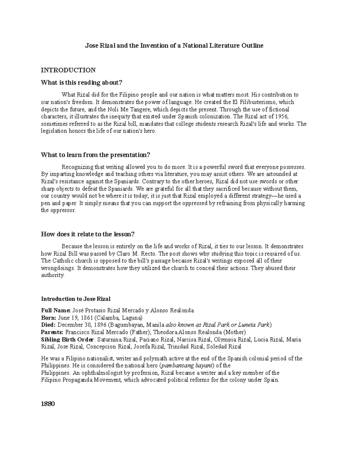 Jose Rizal and the Invention of a National Literature Outline - Jose ...