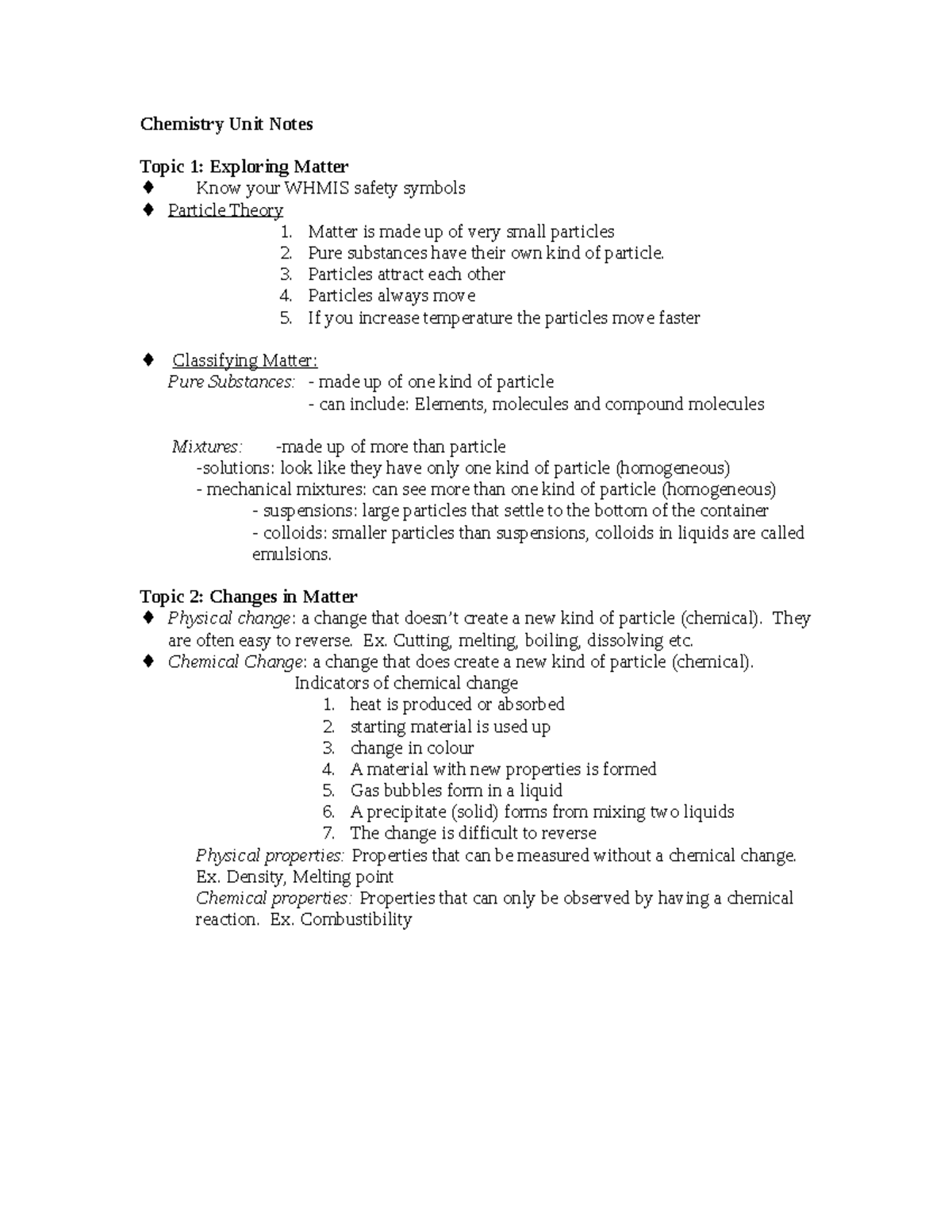 Chemistry unit notes - Chemistry Unit Notes Topic 1: Exploring Matter ♦ ...