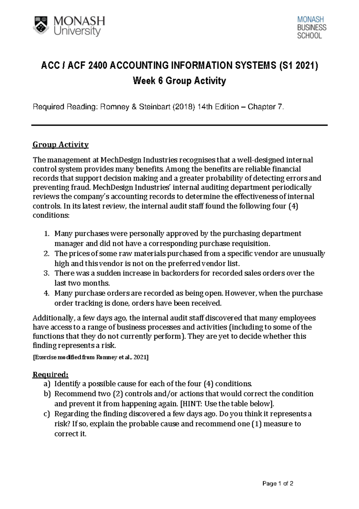 ACC ACF 2400 s1 2021 Monash Tutorial 6 Chapter 7 Group Activity - Page ...