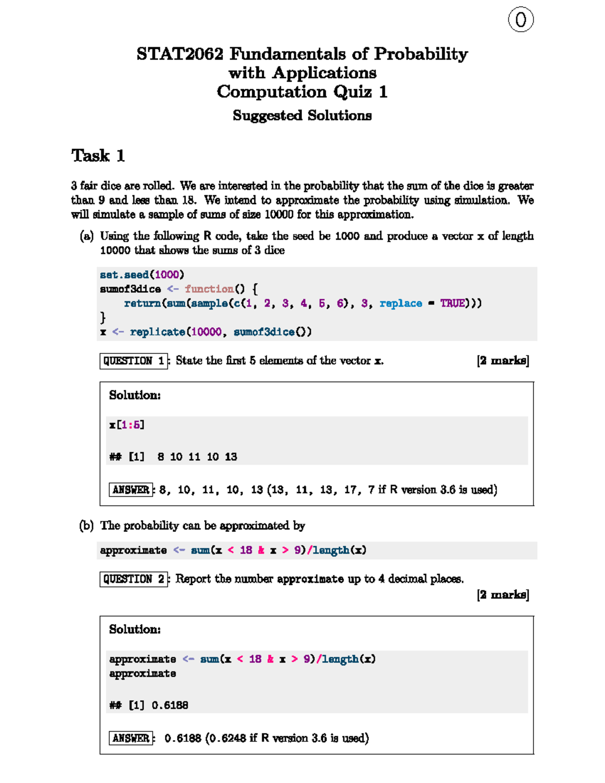 2019 Quiz Stat One Sol - STAT2062 Fundamentals of Probability with Applications Computation Quiz ...