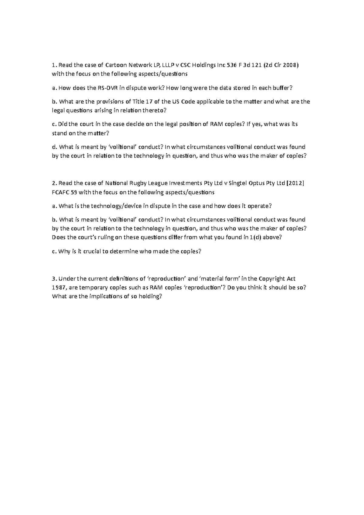 Digital Copyright Law Tutorial Questions of 2021-2022 - Read the case ...