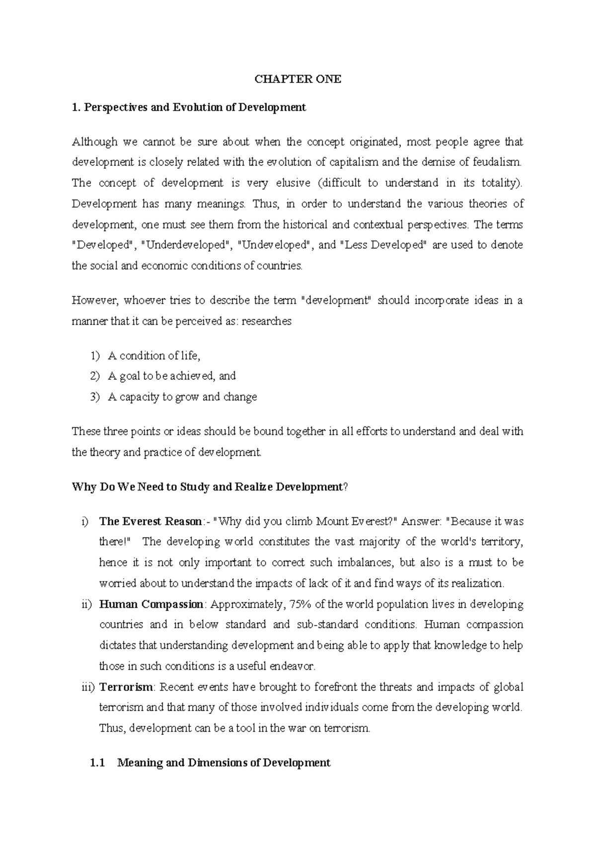 Theory & Politics of Development Ch-1&2 - CHAPTER ONE Perspectives and ...