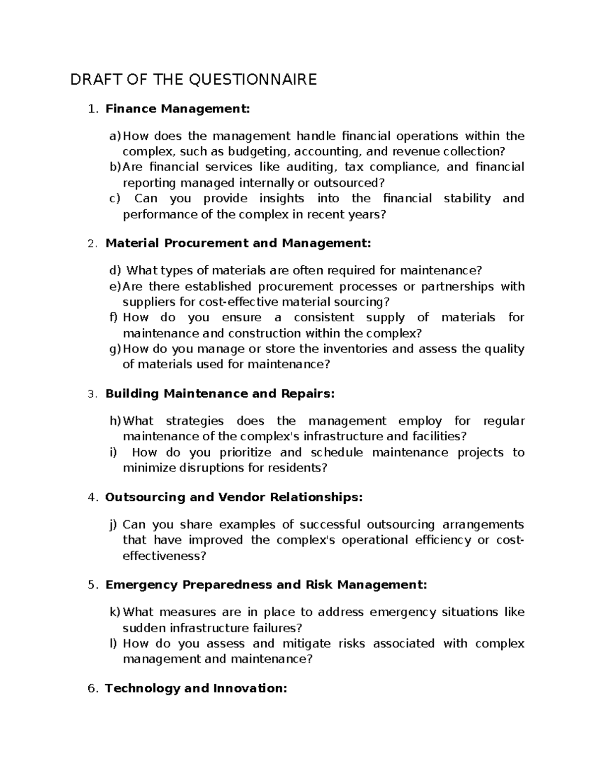 Building Maintenance QTNS final ones - DRAFT OF THE QUESTIONNAIRE 1 ...