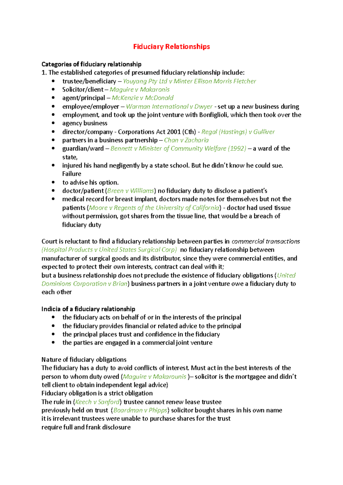 Fiduciary Relationships and Cases - Fiduciary Relationships Categories ...