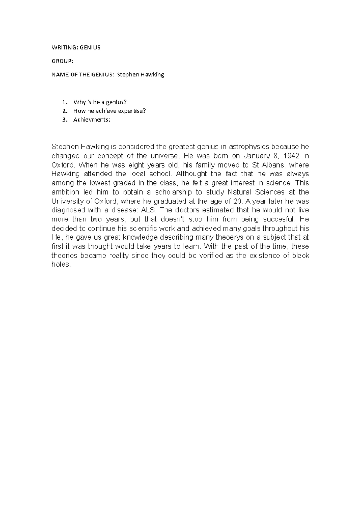 Stephen Hawking - Icpna - WRITING: GENIUS GROUP: NAME OF THE GENIUS ...