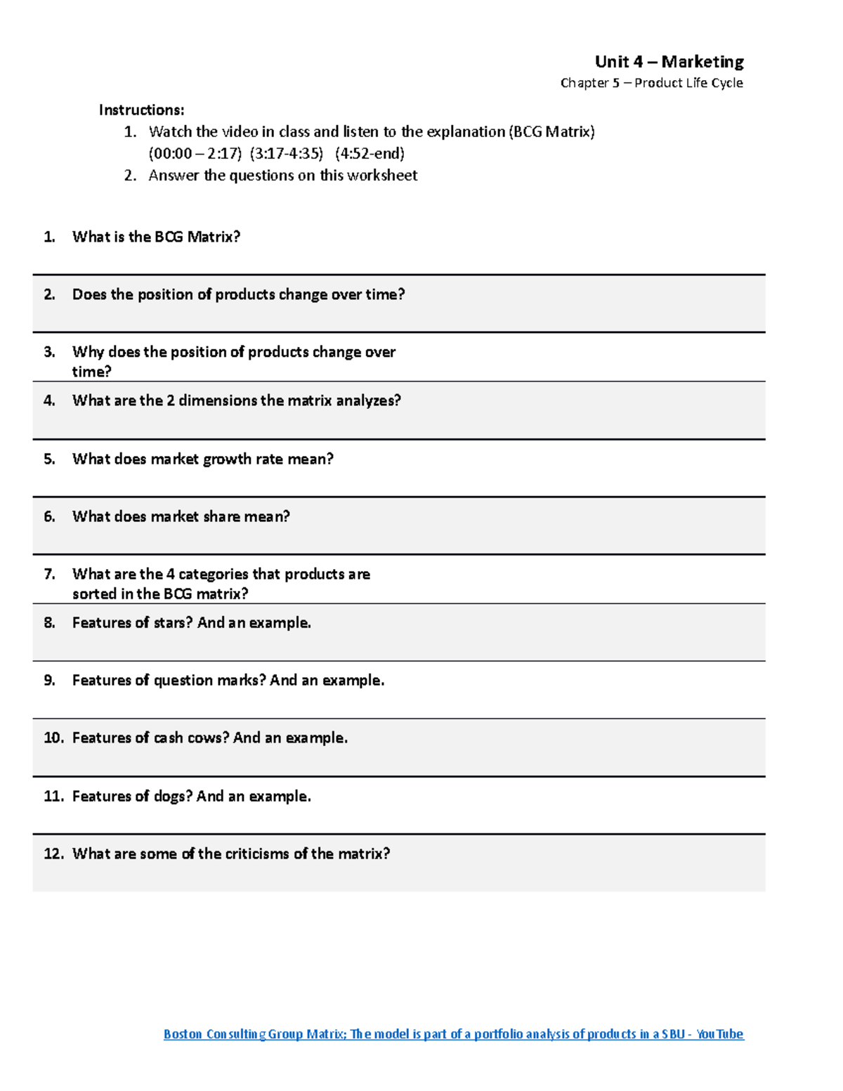 4.5 Work Sheet - BCG Matrix - Unit 4 – Marketing Chapter 5 – Product ...