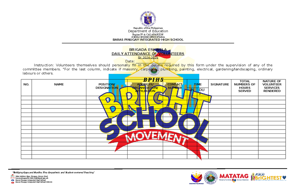 Brigada Eskwela Form 4 Daily Attendance of Volunteers - Sitio Habitat ...