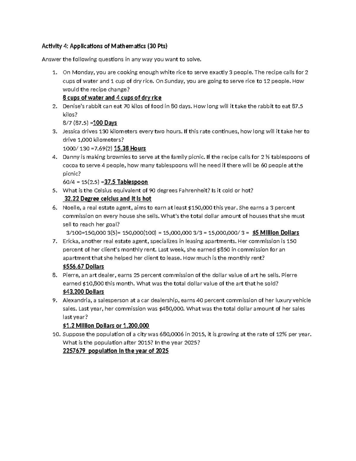 Activity 4 - Activity 4: Applications of Mathematics (30 Pts) Answer ...