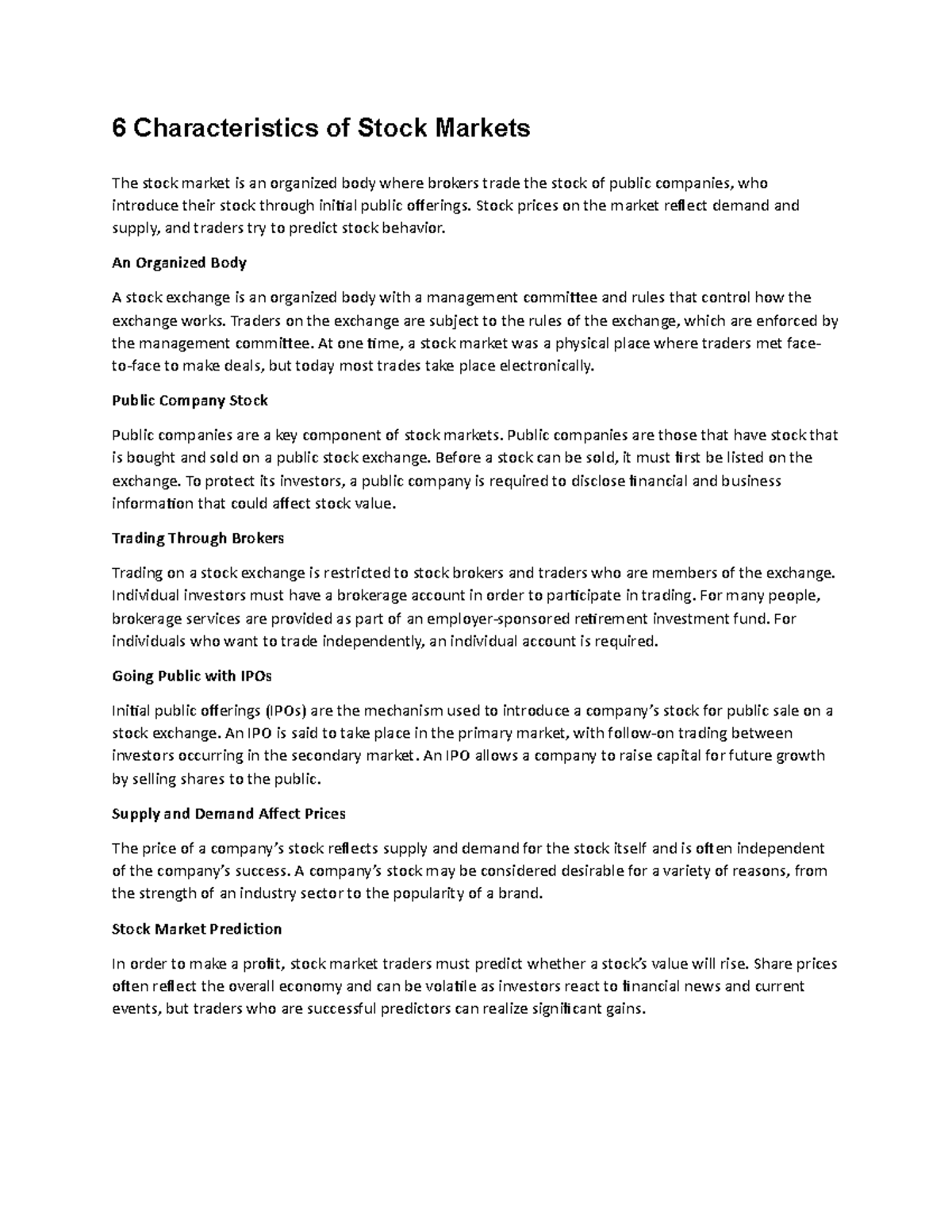Characteristics of Stock Markets - Stock prices on the market reflect ...