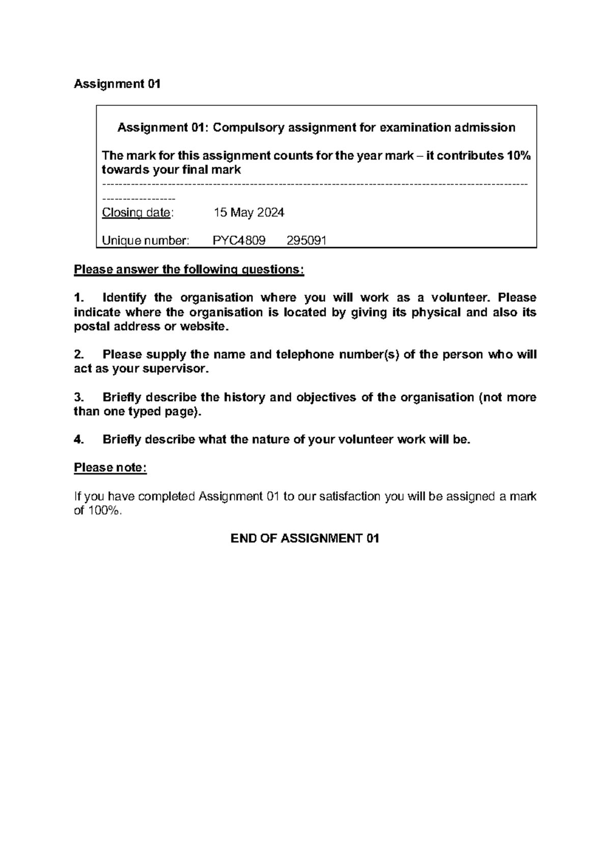 PYC4809 Assignment 01 295091 2024 - Assignment 01 Assignment 01: Compulsory assignment for - Studocu