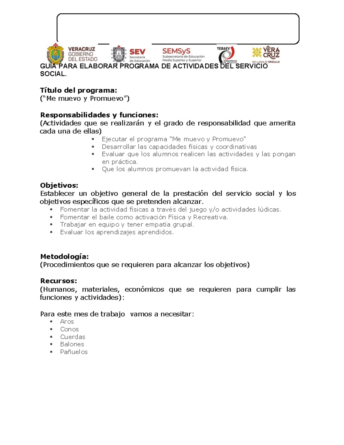 Formato SS-02 Programa DE Actividades - GUÍA PARA ELABORAR PROGRAMA DE ...