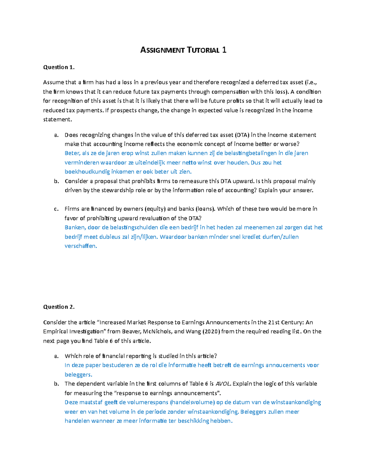 Assignment 1 - FAT - ASSIGNMENT TUTORIAL 1 Question 1. Assume that a firm has had a loss in a ...