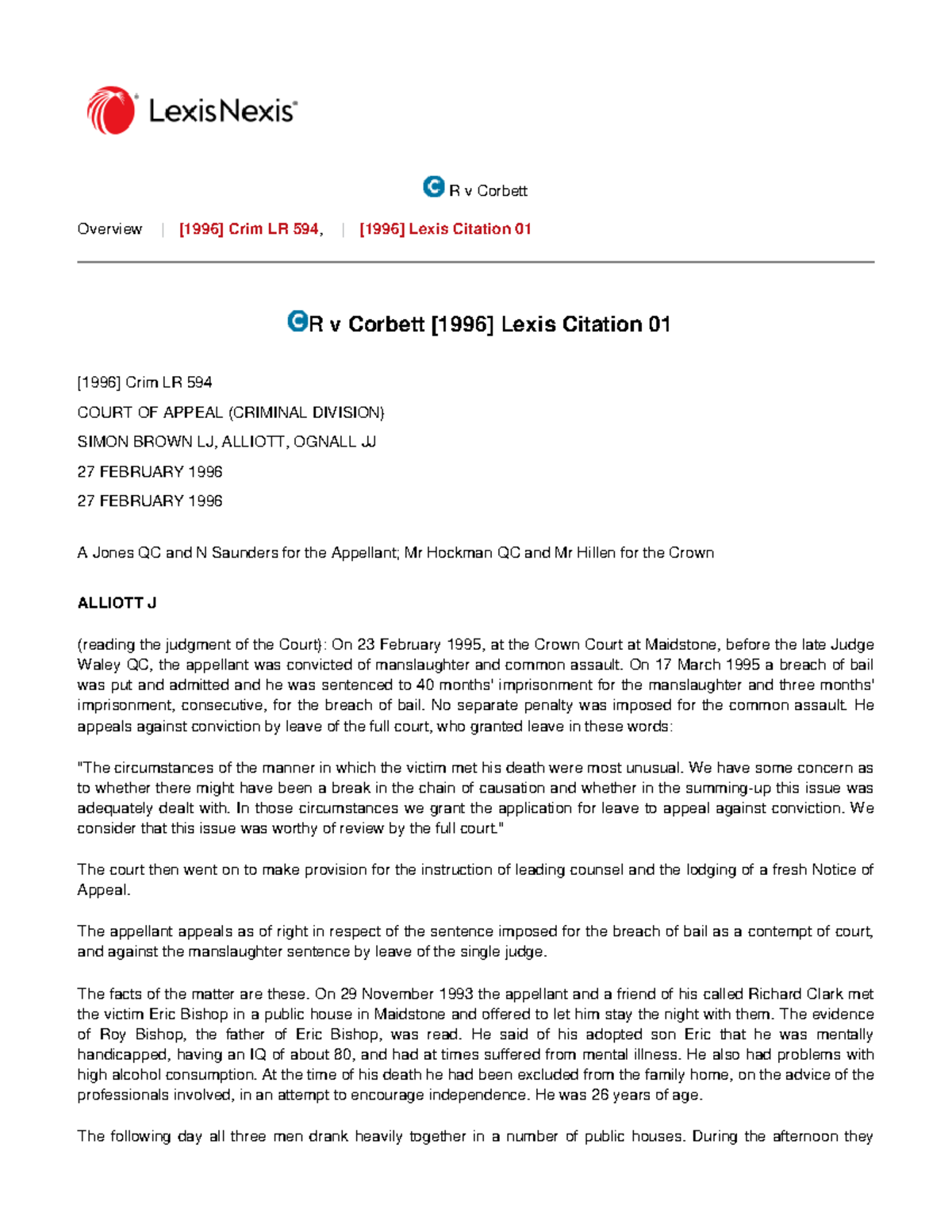 R v Corbett [1996] Lexis Citation 01-2 - R v Corbett Overview | [1996 ...
