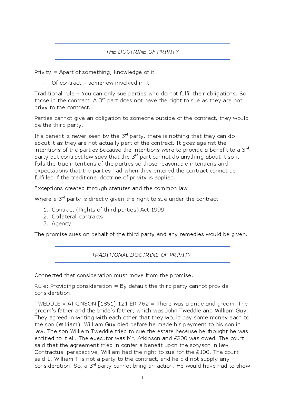 THE Doctrine OF Privity - THE DOCTRINE OF PRIVITY Privity = Apart of ...