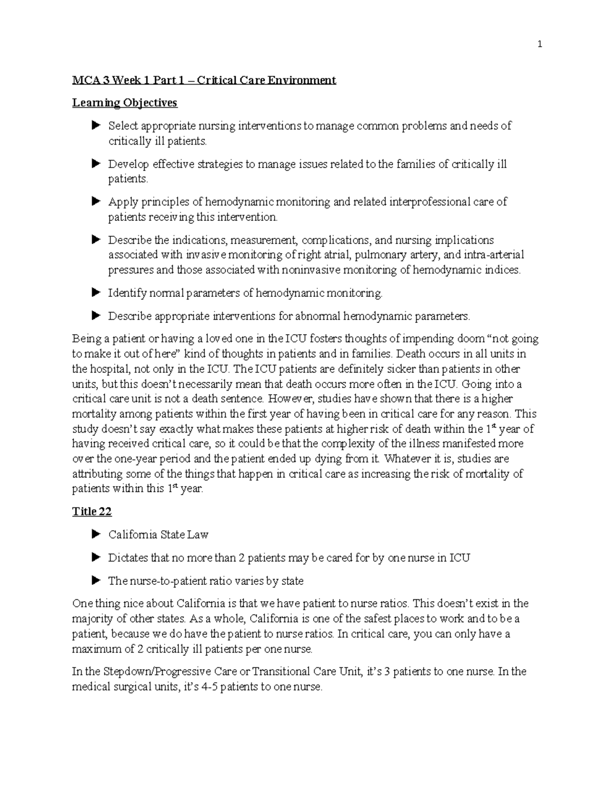 MCA 3 Week 1 Part 1 - Critical Care Environment - MCA 3 Week 1 Part 1 ...