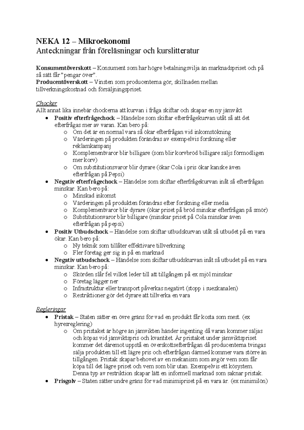 NEKA 12 - anteckningar mikroekonomi - NEKA12 - Lunds Universitet - Studocu