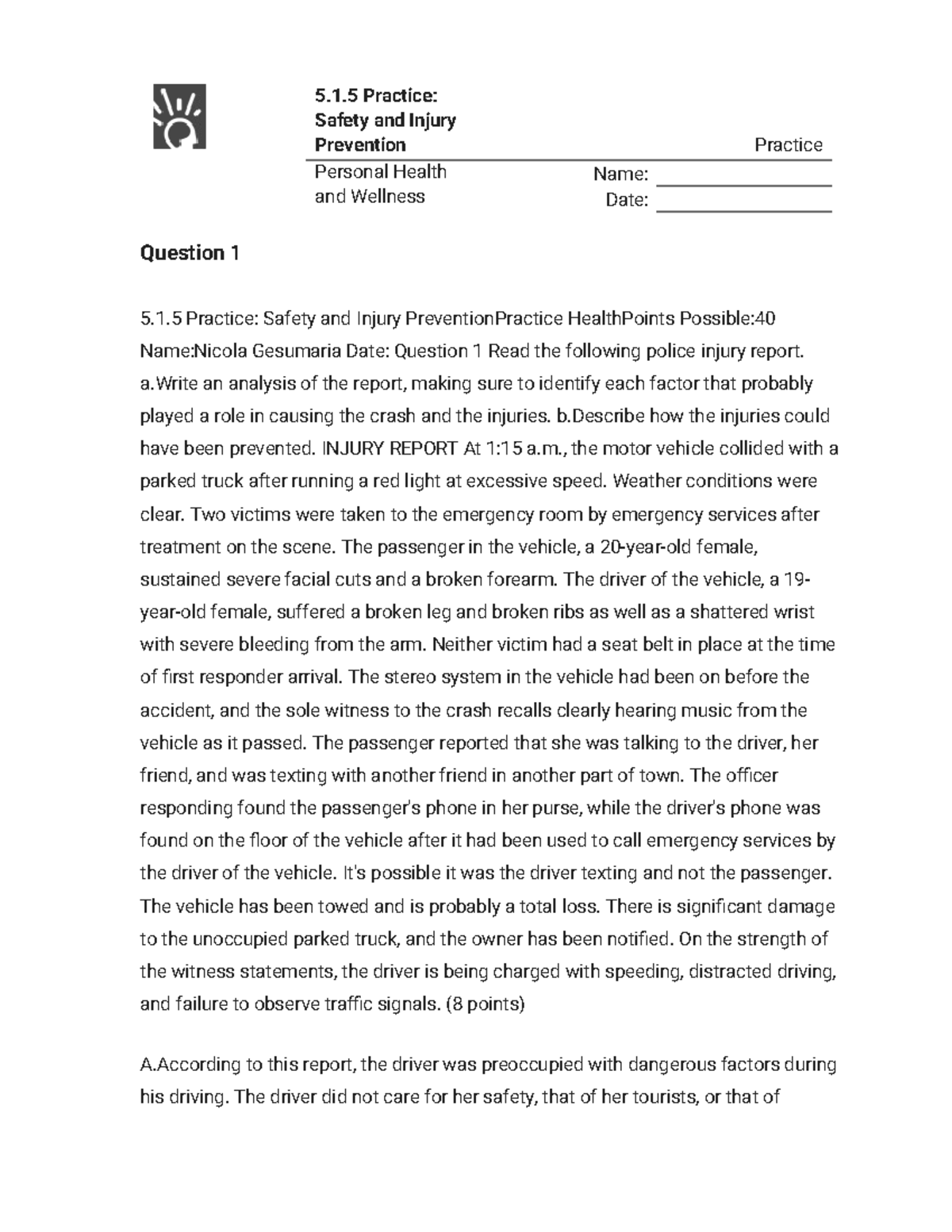 5.1.5 Practice - Safety and Injury Prevention (Practice) - 5.1 Practice ...