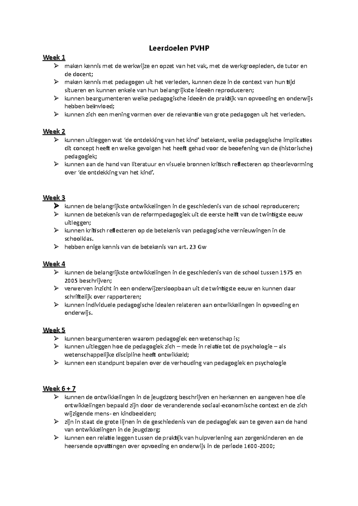 Leerdoelen PVHP - Leerdoelen PVHP Week 1 maken kennis met de werkwijze ...