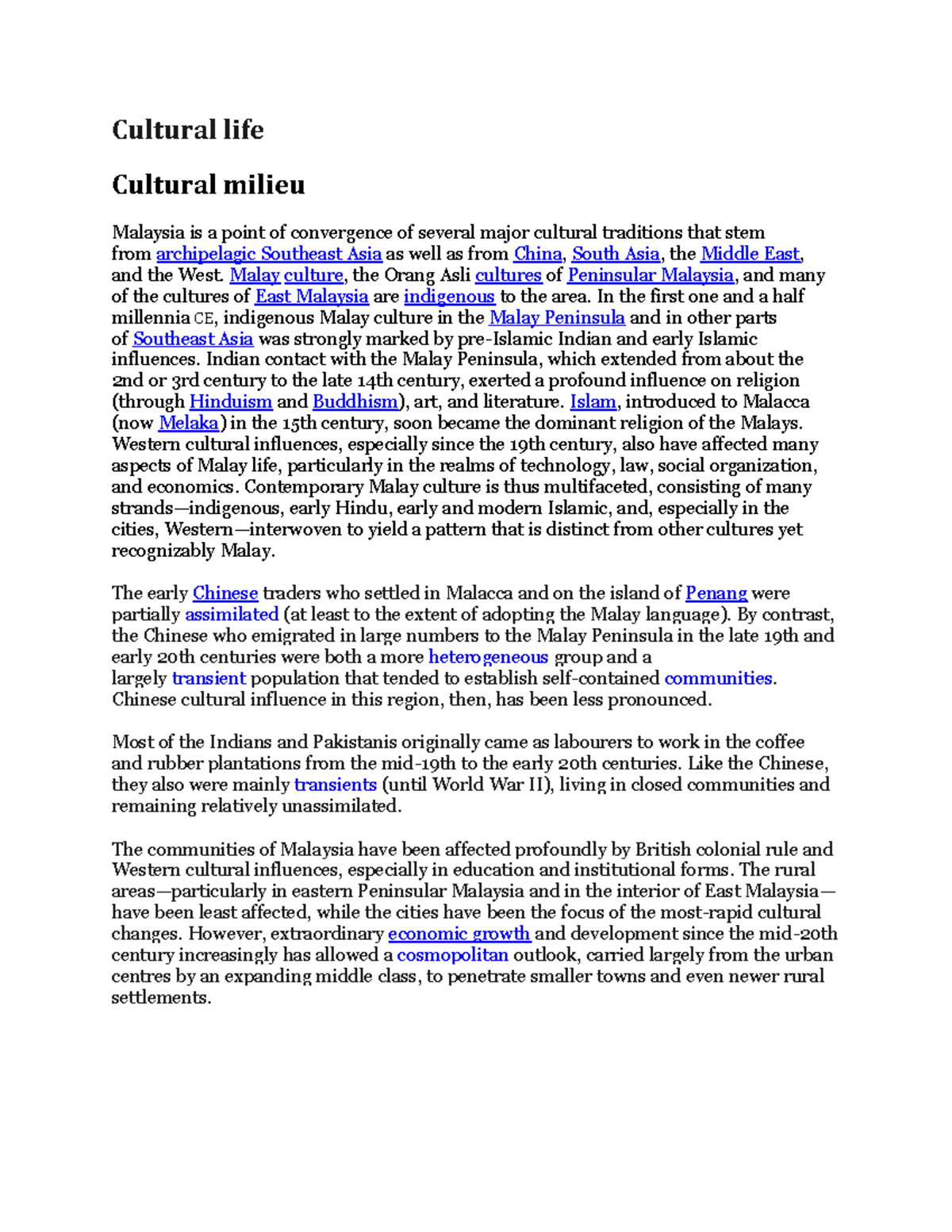 Cultural life - Cultural life Cultural milieu Malaysia is a point of ...
