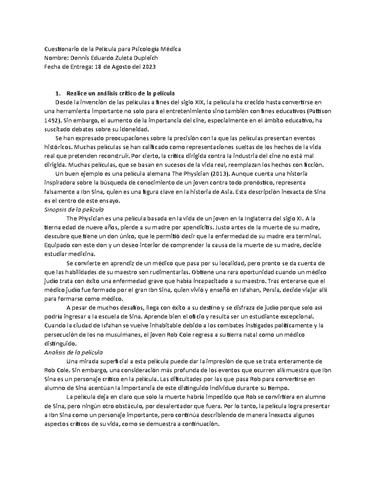 Cuestionario de la Película para Psicología Médica - Cuestionario de la ...