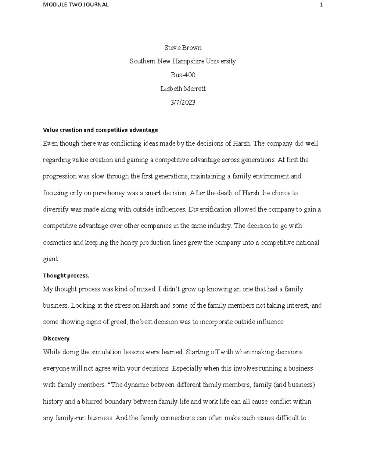 Bus-400 module two journal - MODULE TWO JOURNAL 1 Steve Brown Southern ...