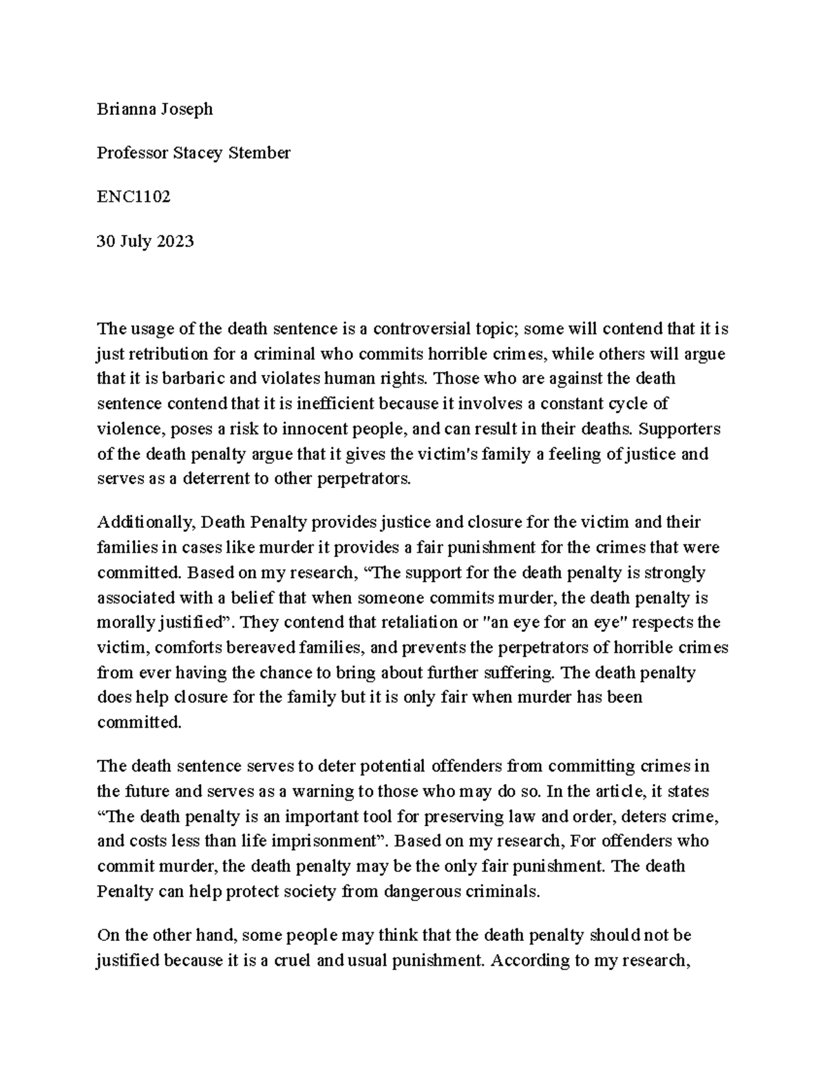 ANti thesis final draft - Brianna Joseph Professor Stacey Stember ENC ...