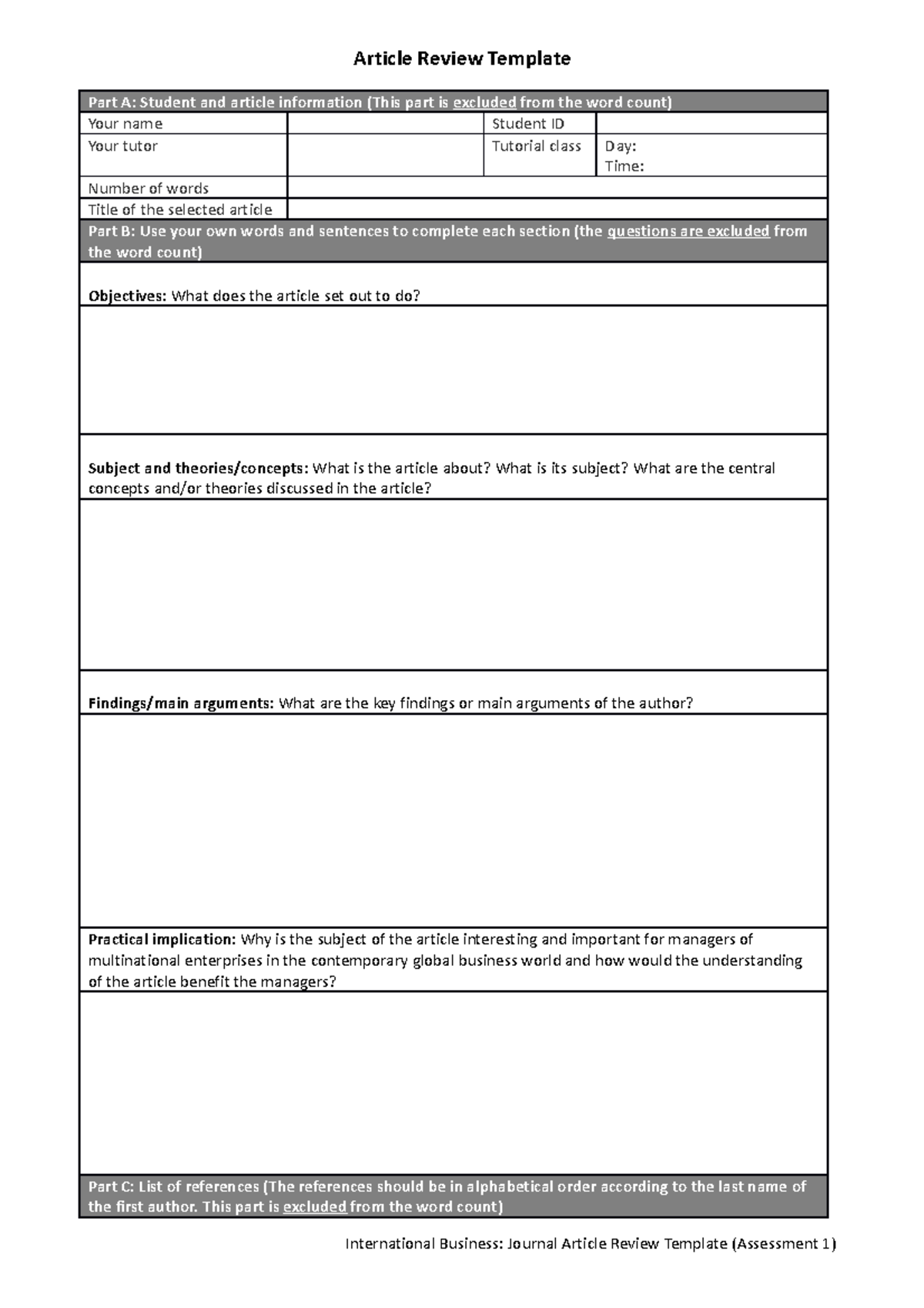 Article Review Template - This part is excluded from the word count ...